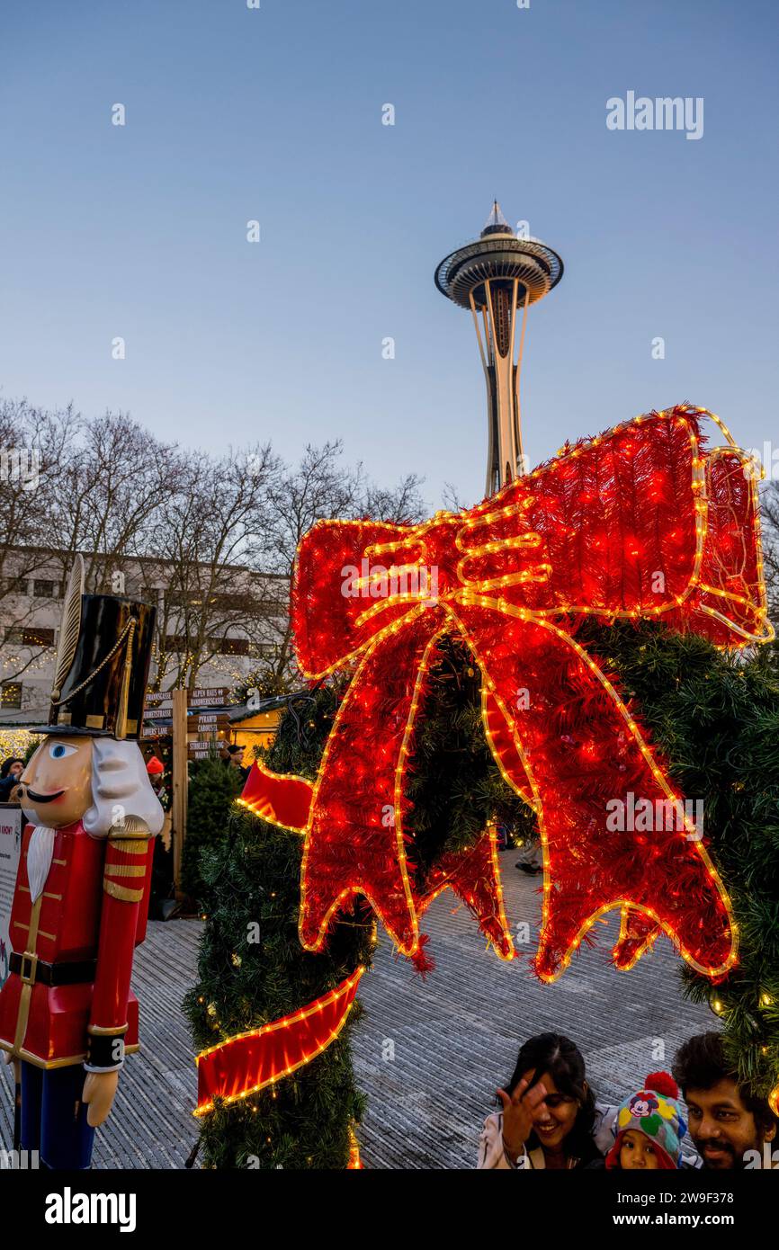 Seattle Christmas Market scene with holiday lights, nutcracker statues ...