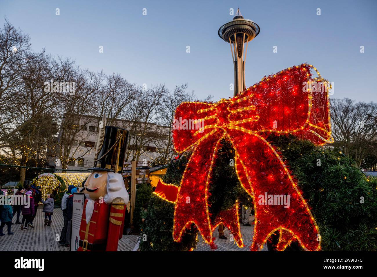 Seattle Christmas Market scene with holiday lights, nutcracker statues ...
