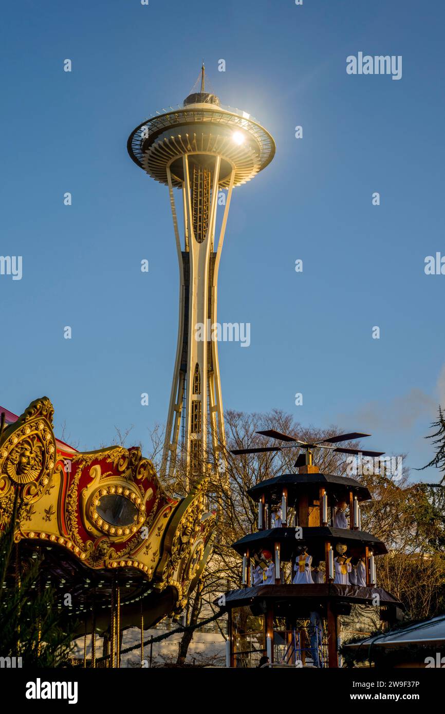 Seattle Christmas Market scene with a merry-go-round, holiday lights ...