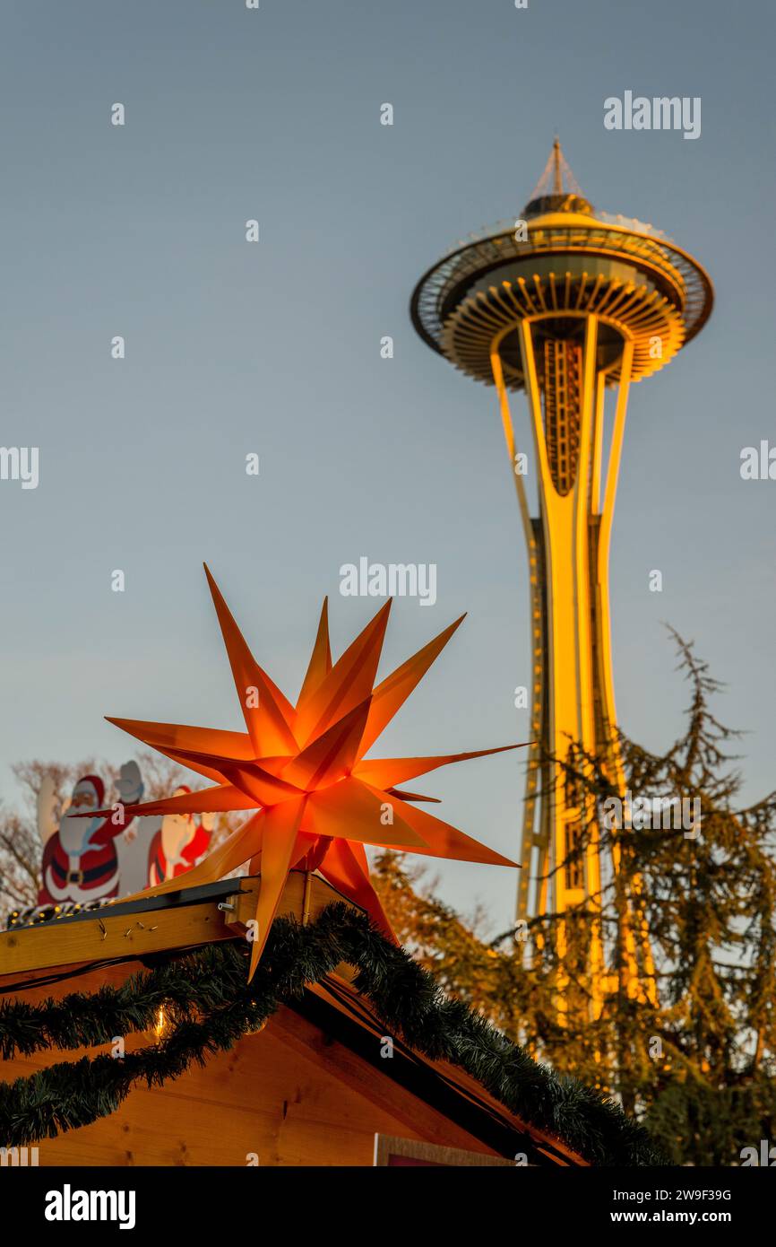 Seattle Christmas Market scene with holiday lights, Christmas Star, and ...
