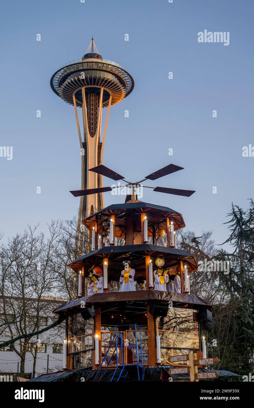 Seattle Christmas Market scene with holiday lights, Christmas Pyramid ...