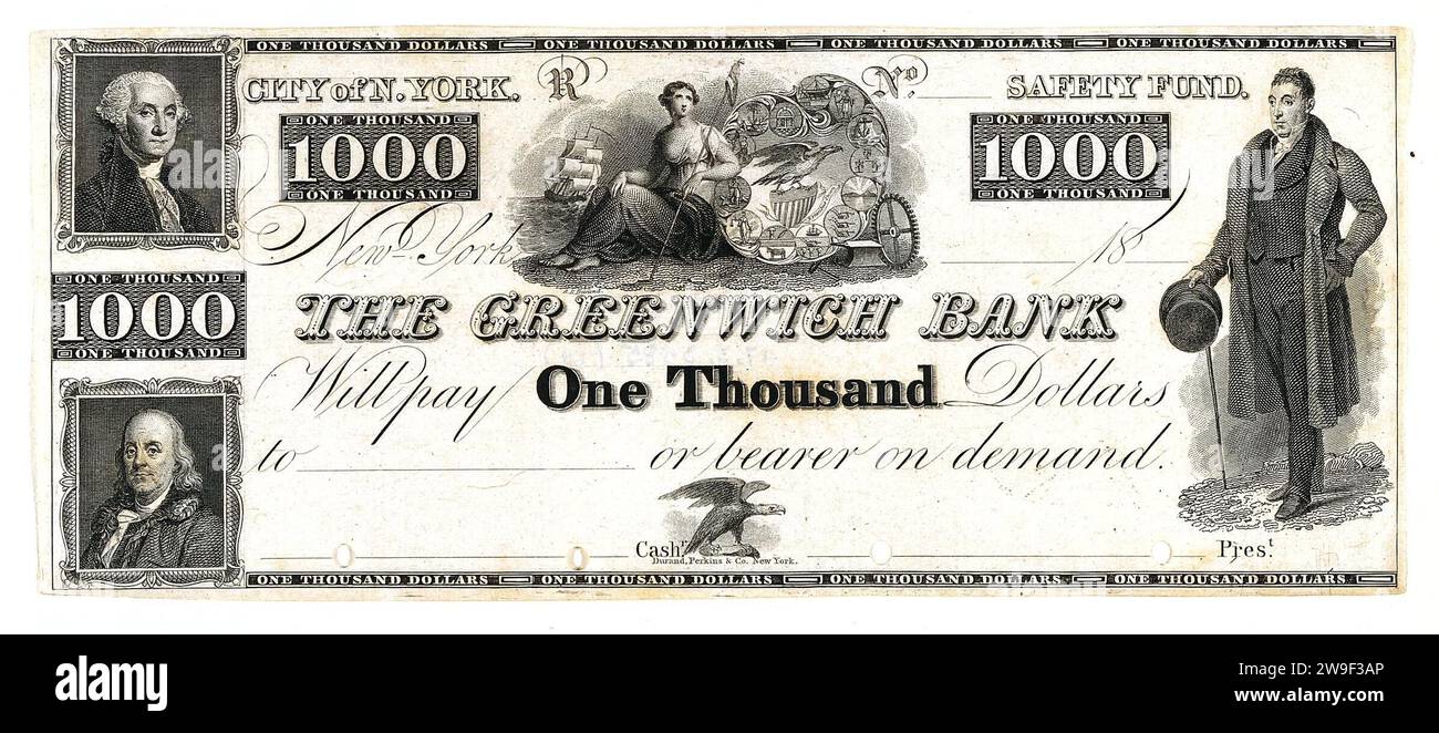 $1000 Bill for The Greenwich Bank, The City of New York 1917 by Asher ...