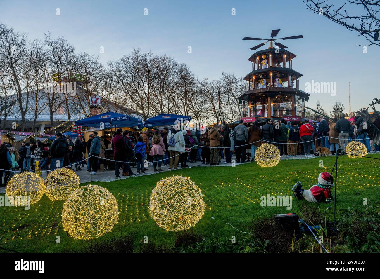 Seattle Christmas Market scene with the Christmas Pyramid, holiday ...