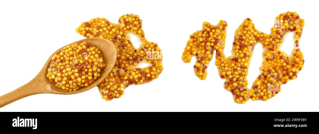 french mustard in wooden spoon isolated on white background with full ...