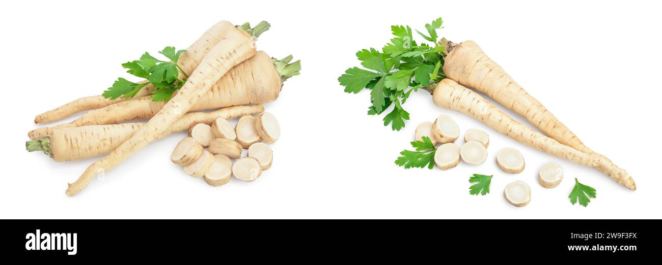 Parsley root with slices and leaves isolated on white background Stock ...