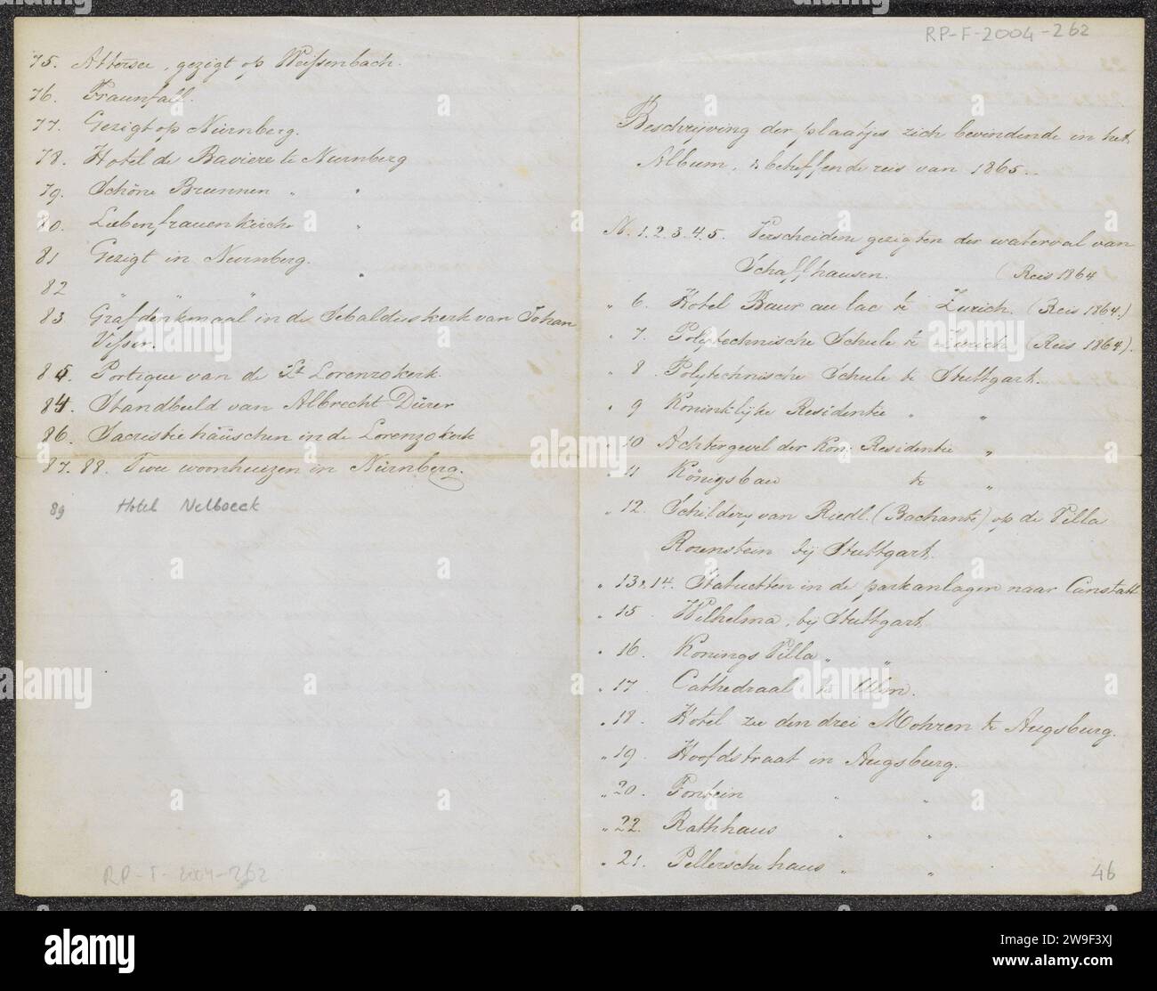 List of photo descriptions (nos. 1 to 22 and 75 to 89), c. 1865 paper ...