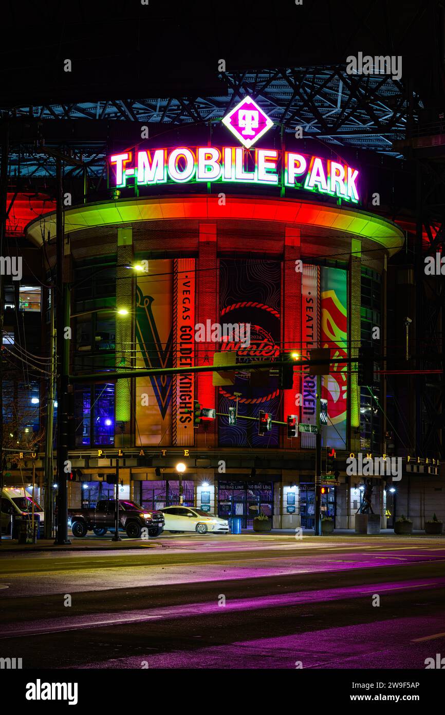 Seattle - December 26, 2023; T Mobile Park at night with sign ...