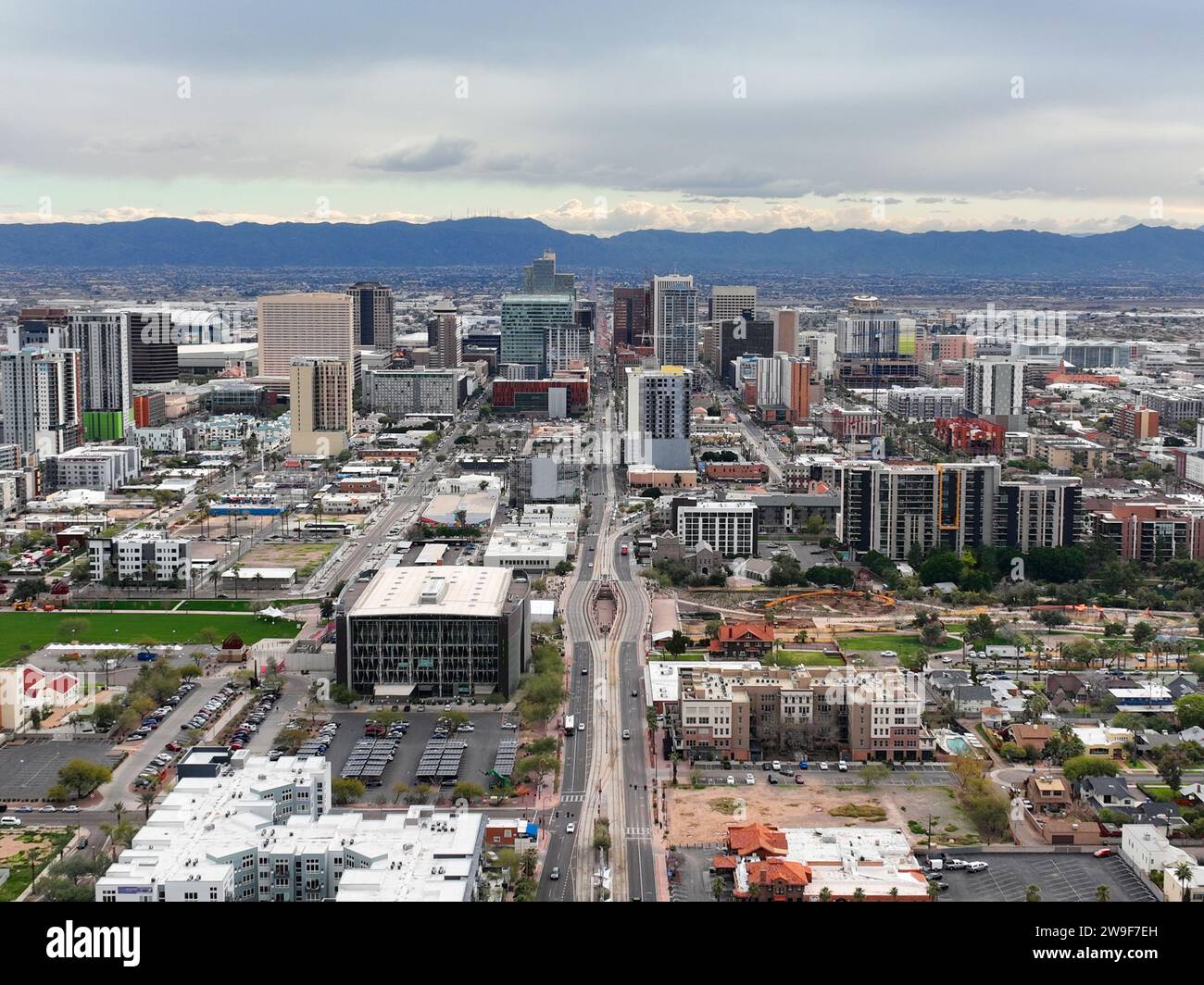Phoenix Midtown modern skyline aerial view with downtown Phoenix at the ...