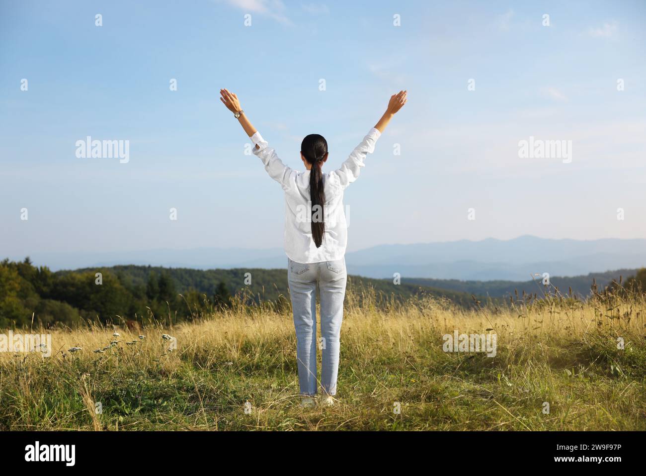 Feeling freedom. Woman with wide open arms on meadow, back view Stock ...