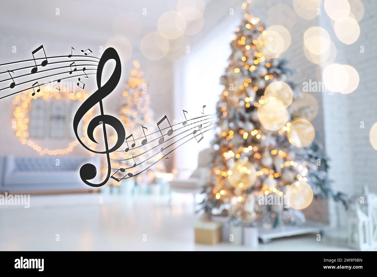 Music notes and blurred view of room decorated for Christmas and New ...