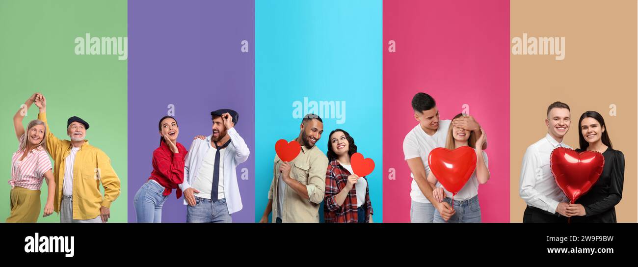 Romantic date. Different lovely couples on color backgrounds, set of ...