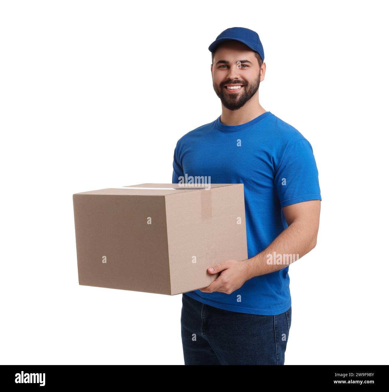 Happy courier with parcel on white background Stock Photo - Alamy