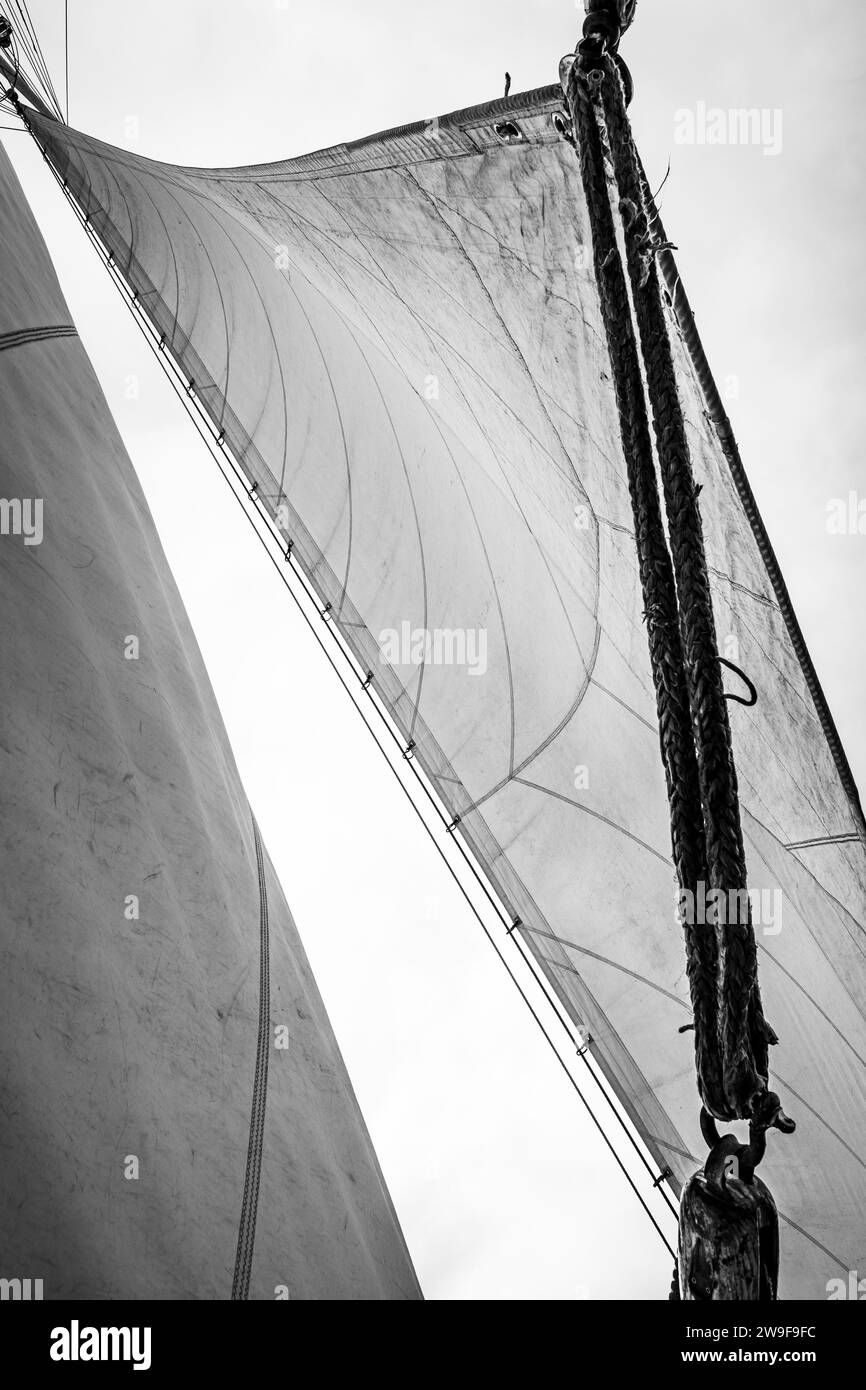 The masts and rigging of the replica Grand Banks fishing schooner Bluenose II sailing out of ...