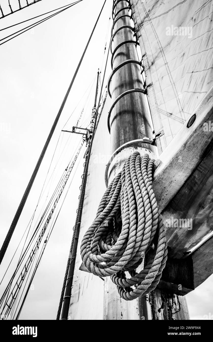 The masts and rigging of the replica Grand Banks fishing schooner Bluenose II sailing out of ...