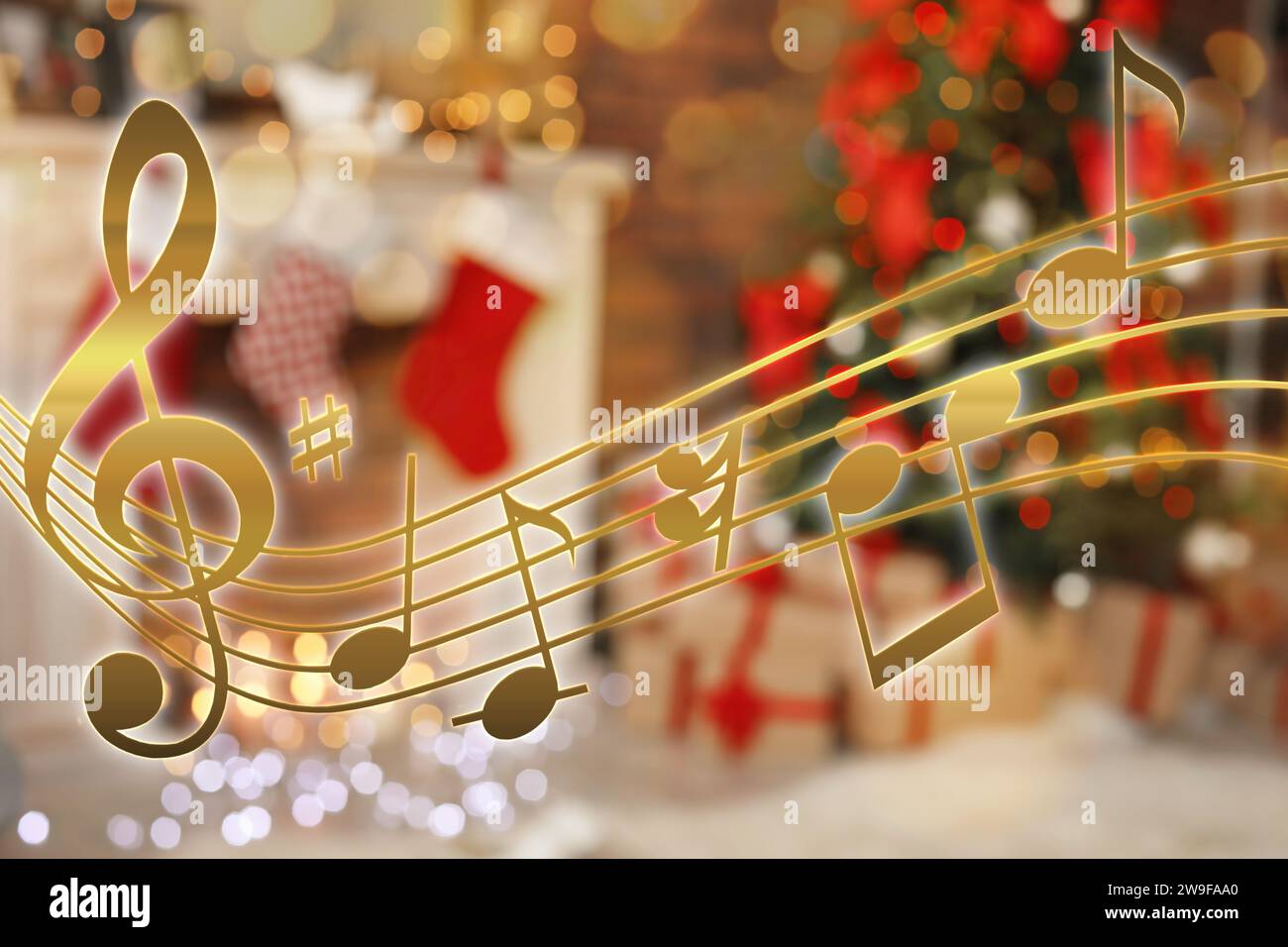 Music notes and blurred view of room decorated for Christmas and New ...