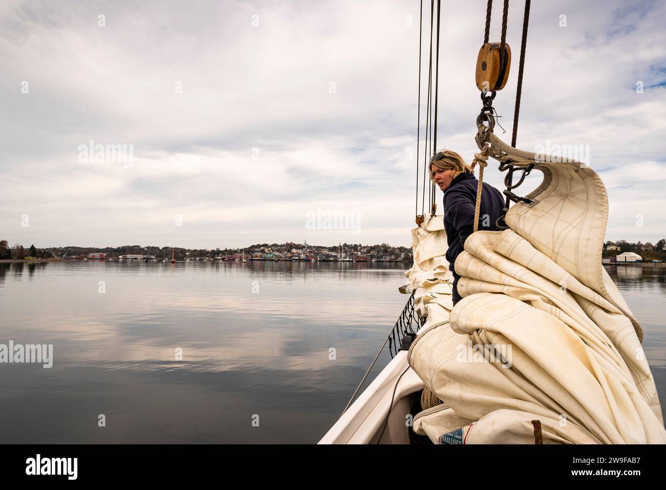 Lookout at the bow onboard the replica Grand Banks fishing schooner ...
