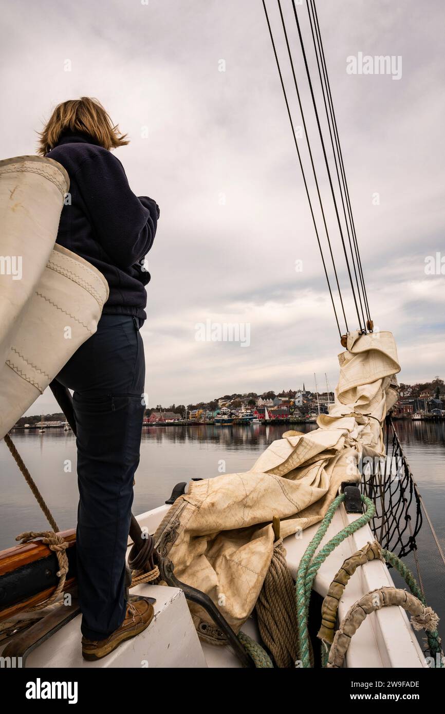 Lookout at the bow onboard the replica Grand Banks fishing schooner ...