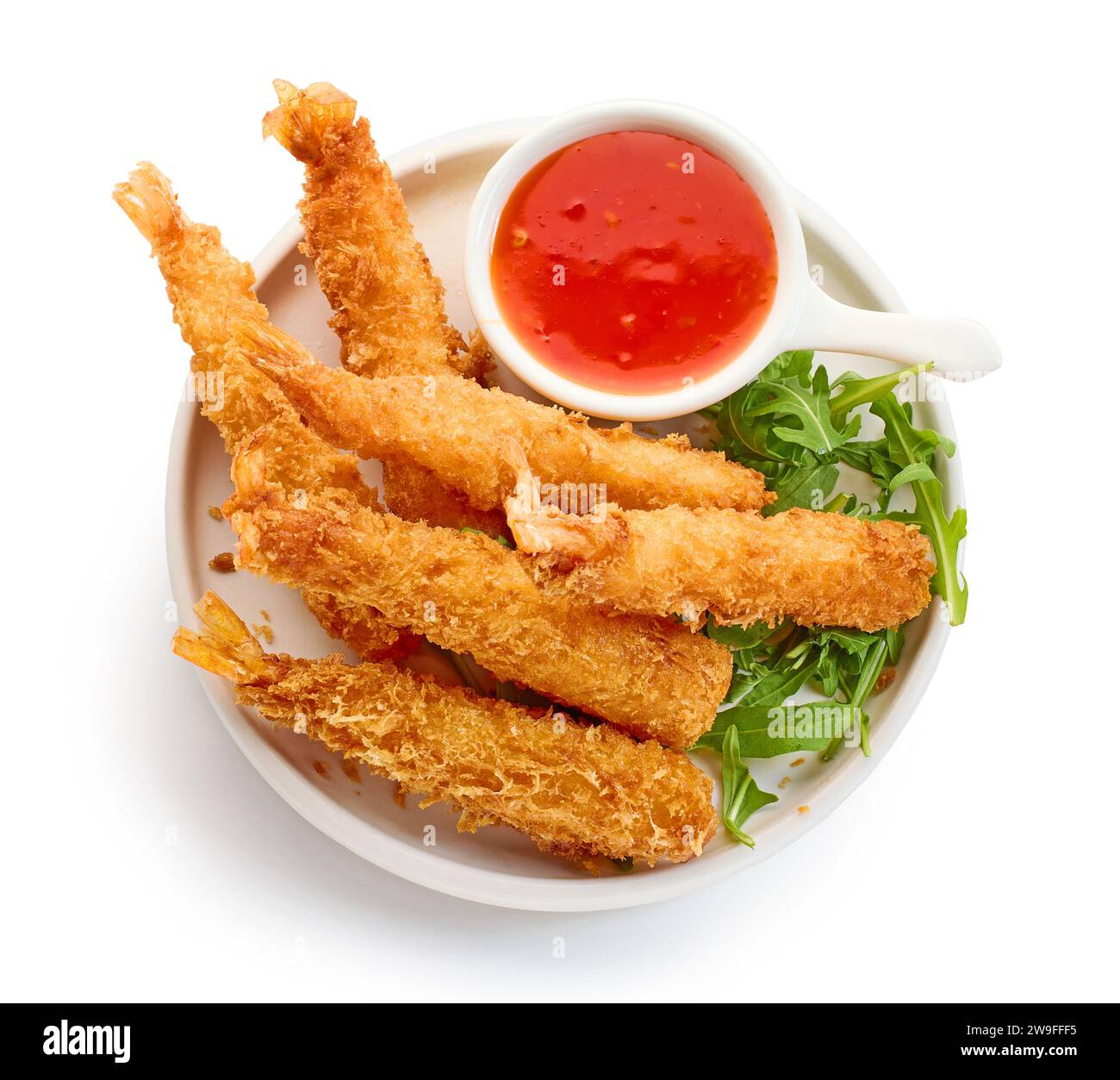 plate of breaded Torpedo shrimps isolated on white background, top view ...