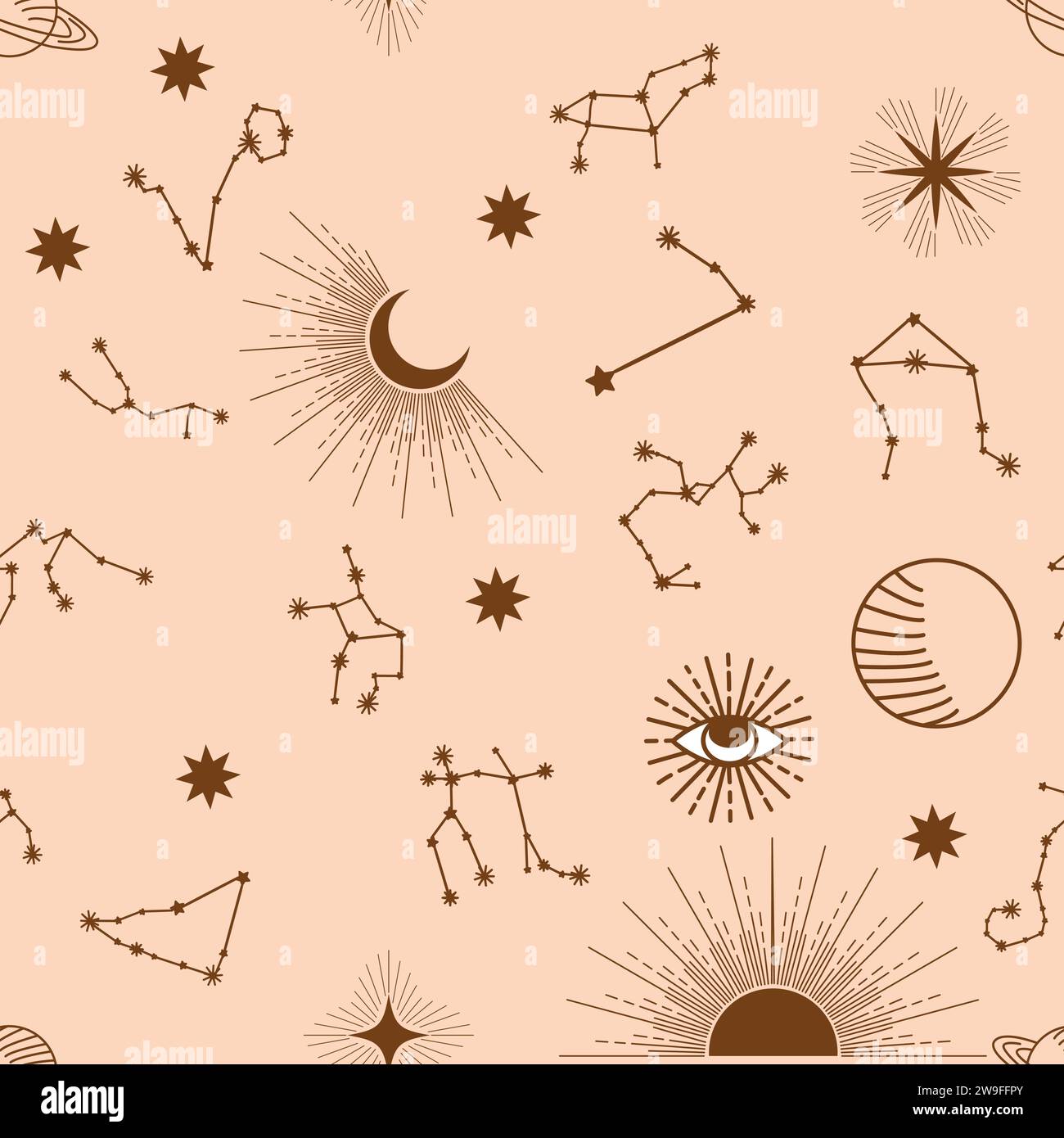 Magic seamless pattern with constellations, sun, moon, magic eyes ...