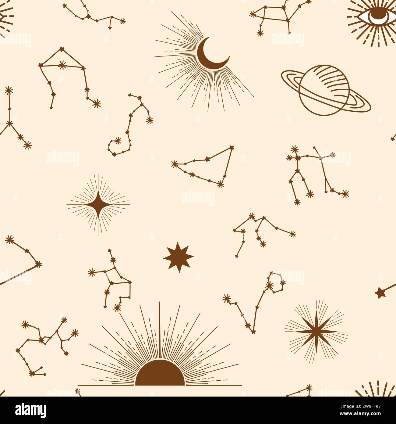 Magic seamless pattern with constellations, sun, moon, magic eyes ...