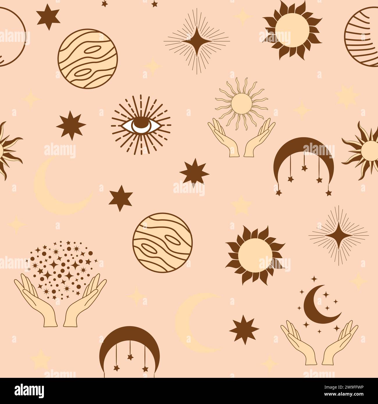 Magic seamless pattern with constellations, sun, moon, magic eyes ...