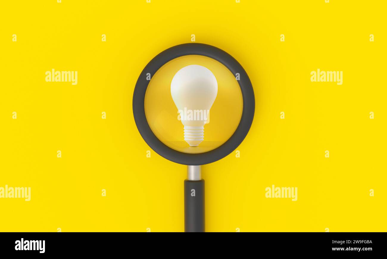 Magnifying glass looking to light bulb on yellow background. Innovation ...