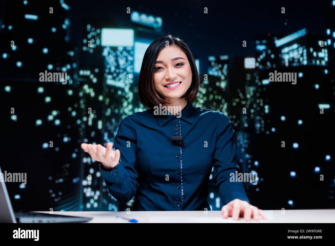 Newscaster hosting night show for news segment, discussing about latest ...