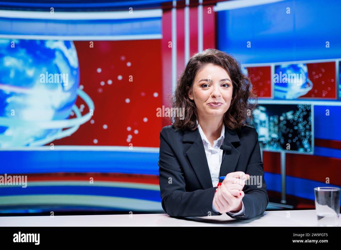 TV reporter presenting live information on television network ...