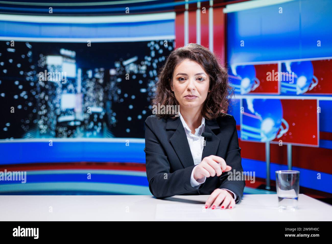 Woman presenter reading headlines live in newsroom, presenting live ...