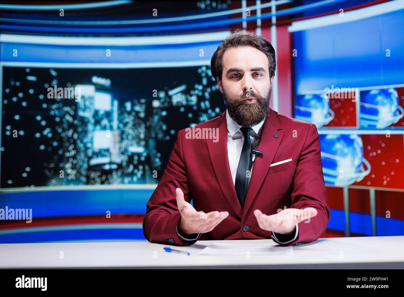 News presenter on late talk show discussing about current events live ...