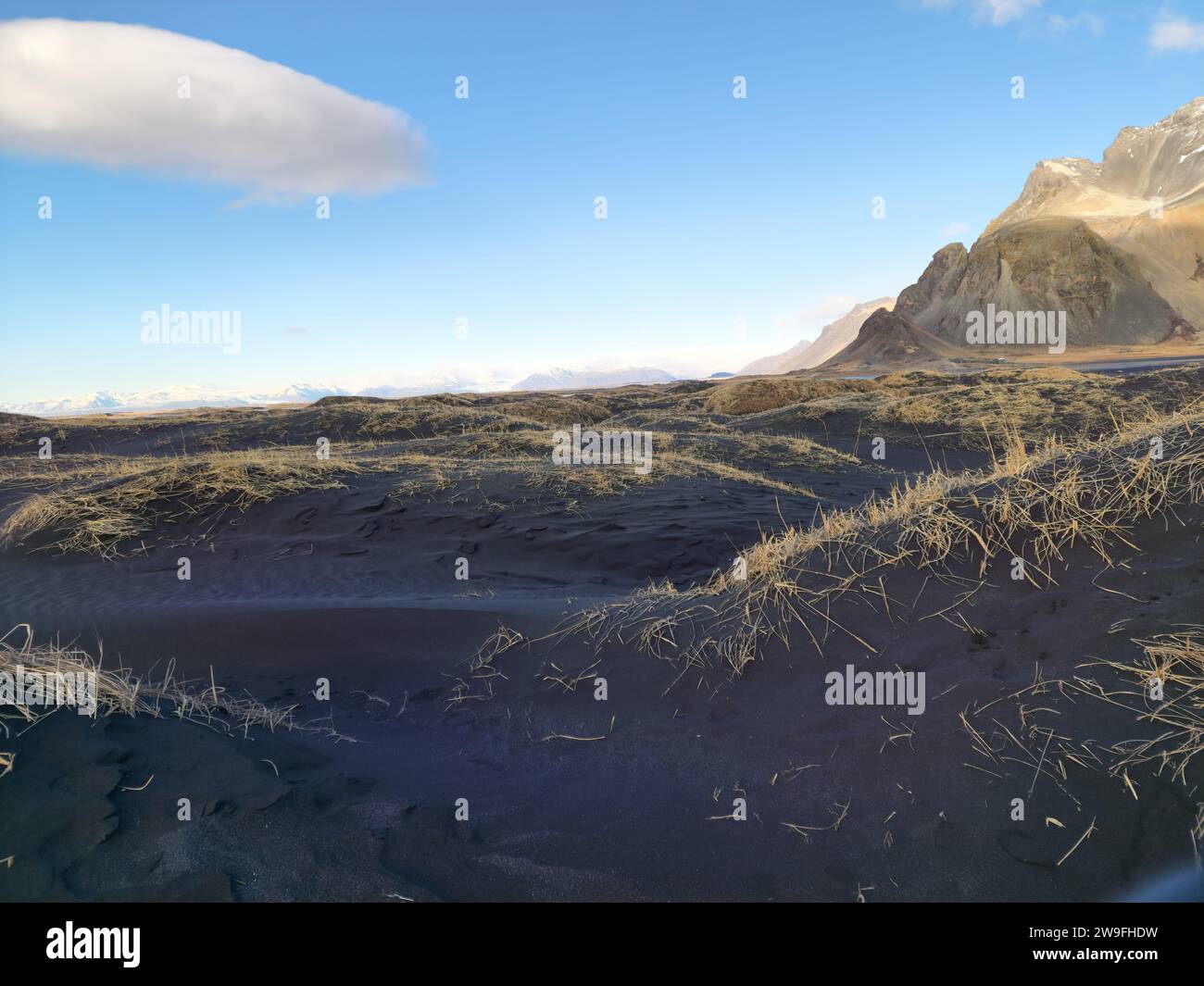 Northern region with black sand beach along shoreline and frozen ...