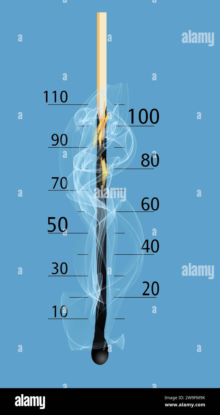 Temperature climbs on this burning match with a thermometer scale in a ...