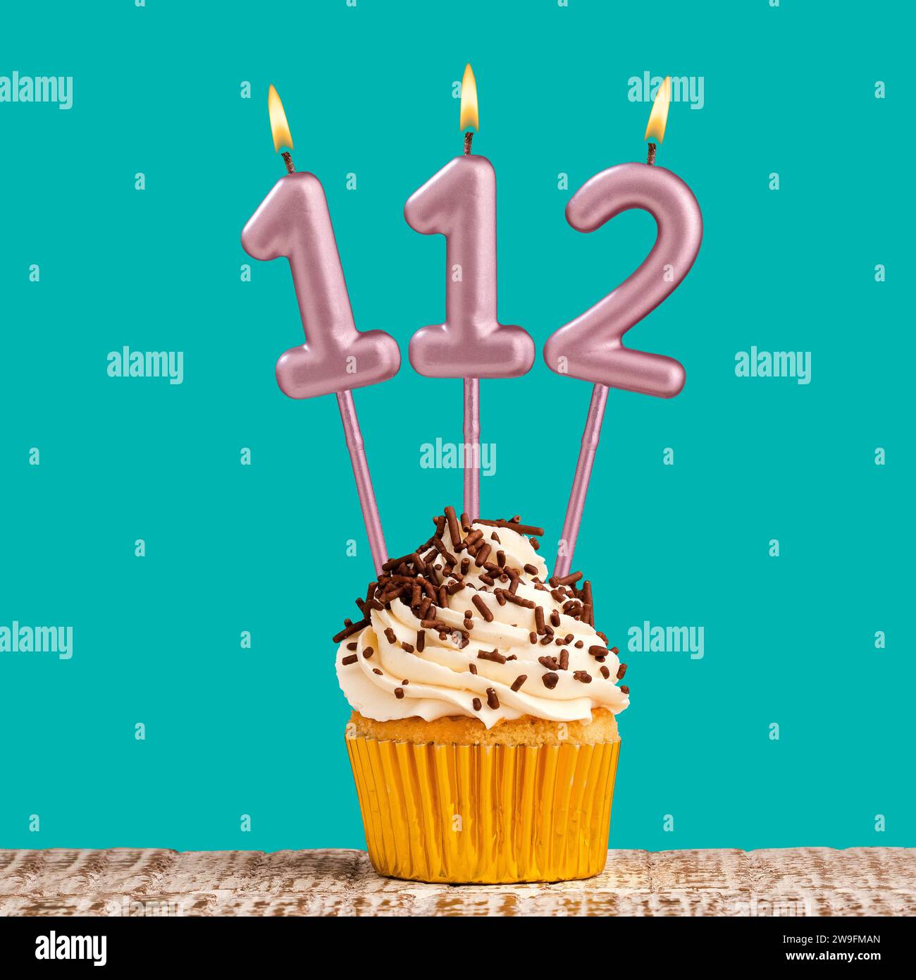 Birthday card with number 112 candle on aquamarine background Stock ...