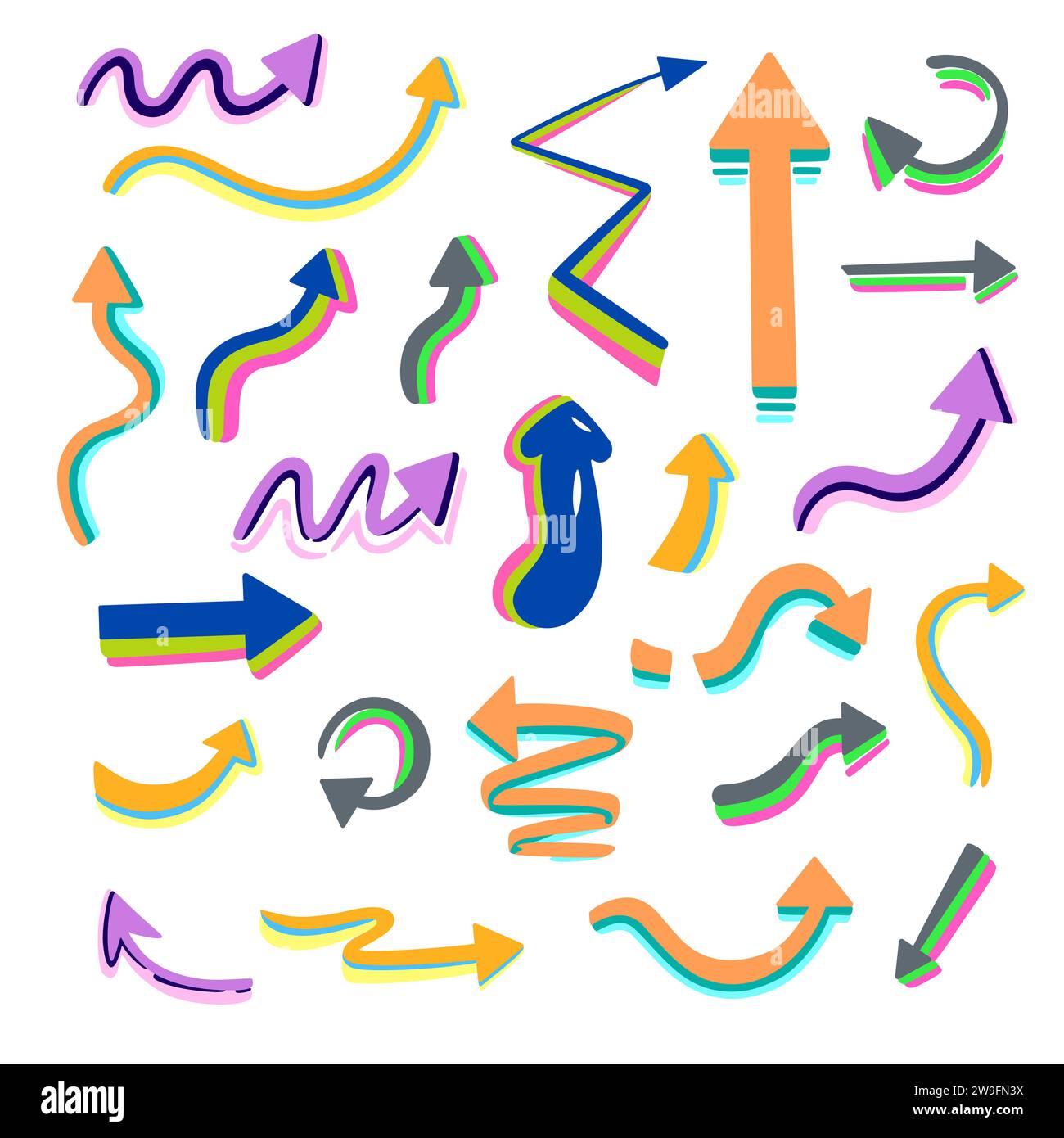 Big set of bold colorful hand-drawn arrows in various positions ...