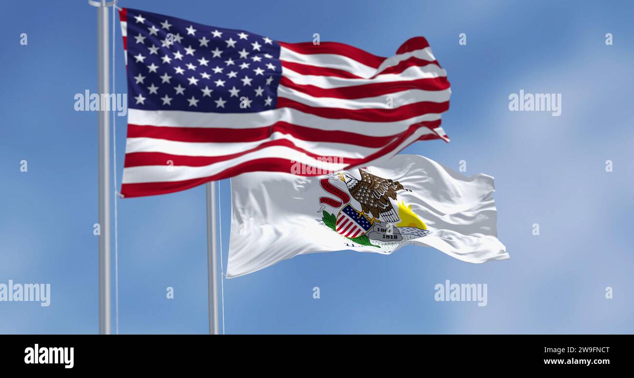 Illinois state flag waving with the national flag of the American flags ...