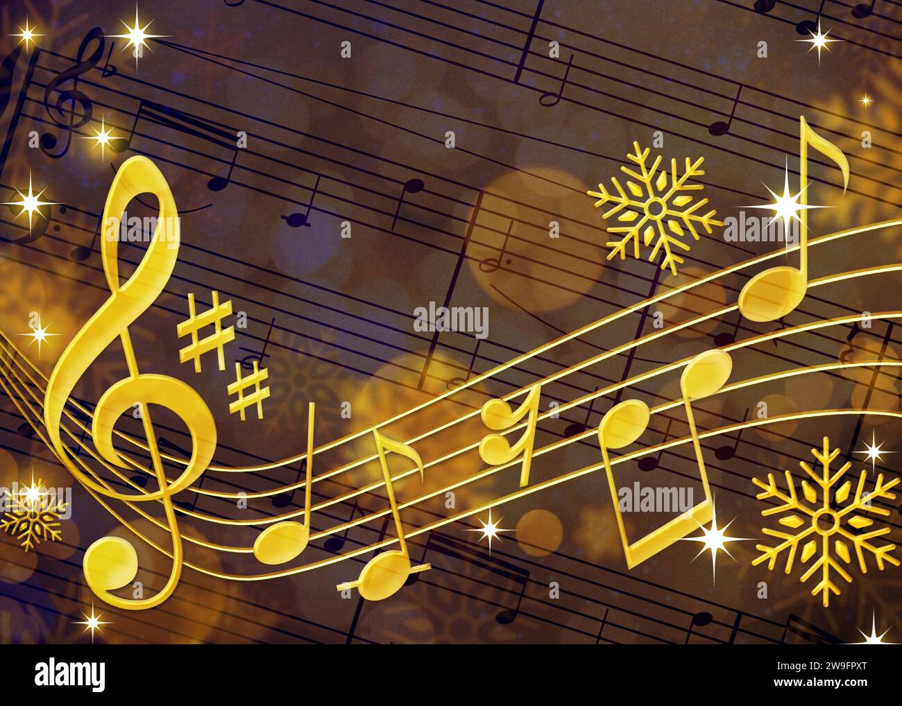Treble clef, music notes, snowflakes and sheet with musical symbols ...