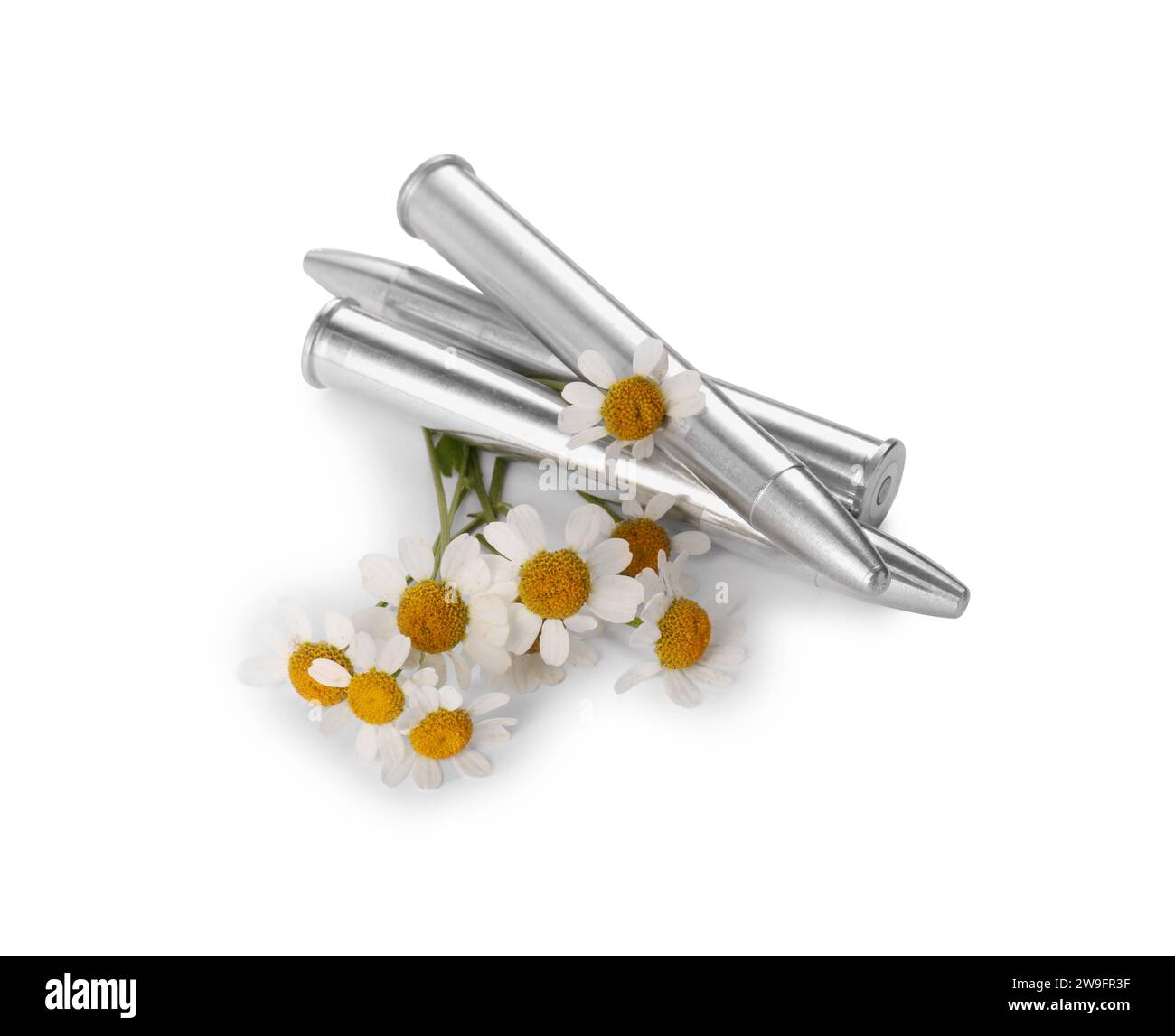Metal bullets and beautiful flowers isolated on white Stock Photo - Alamy