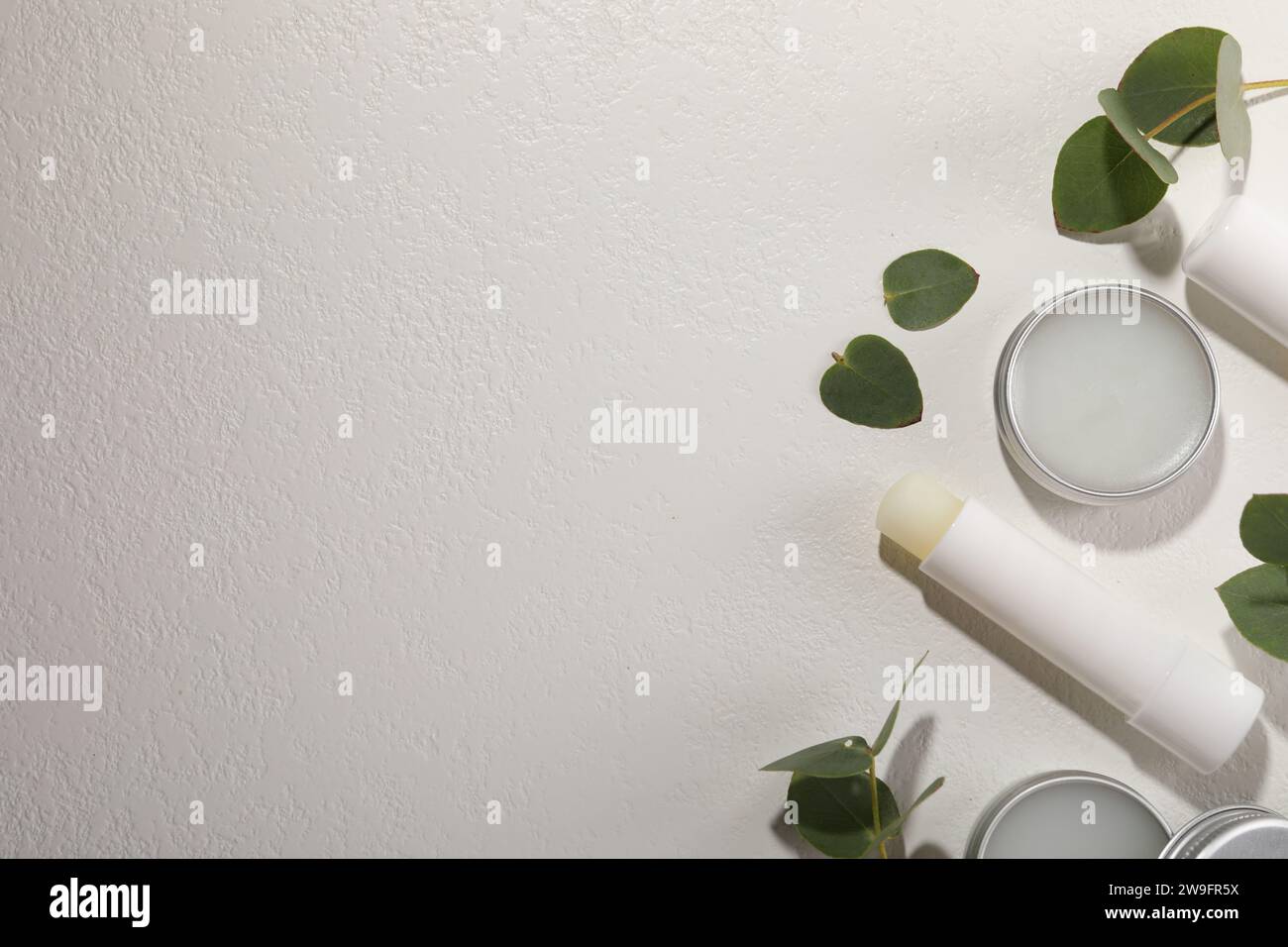 Different lip balms and leaves on white textured background, flat lay ...