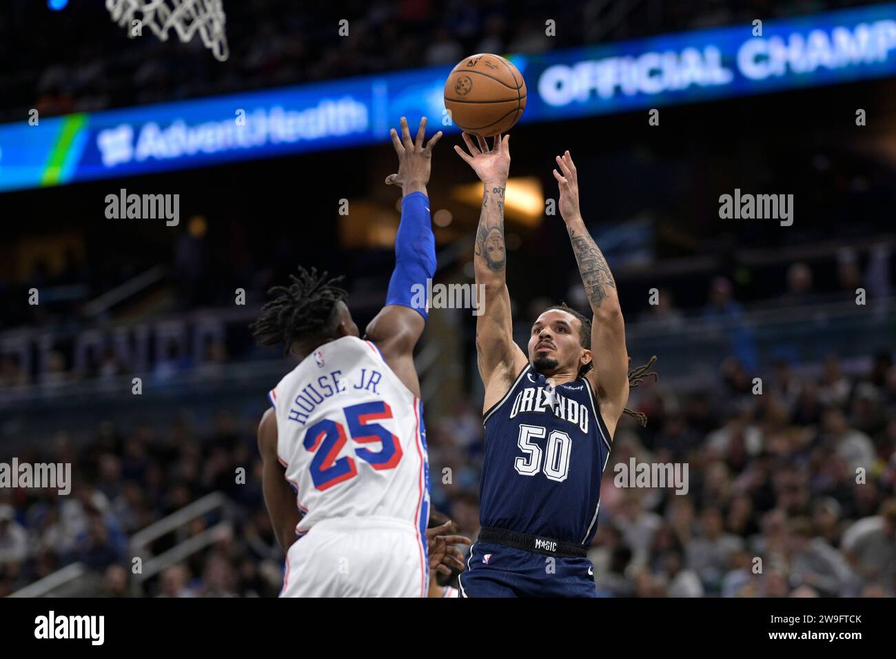 Orlando Magic guard Cole Anthony (50) shoots in front of Philadelphia ...