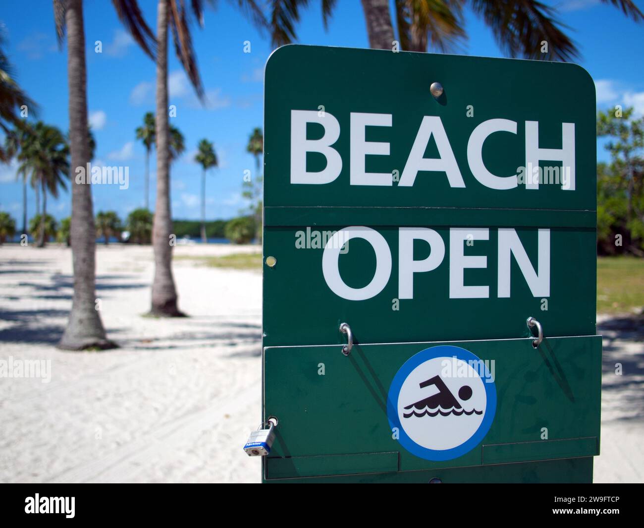 Miami, Florida, United States - June 21, 2015: Sign of beach open with ...