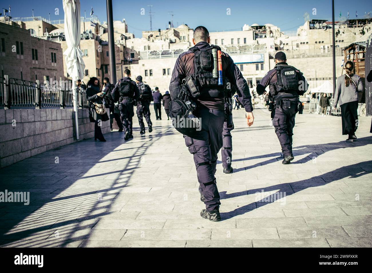 Israeli police patrol the main square at the Western Wall in Jerusalem ...