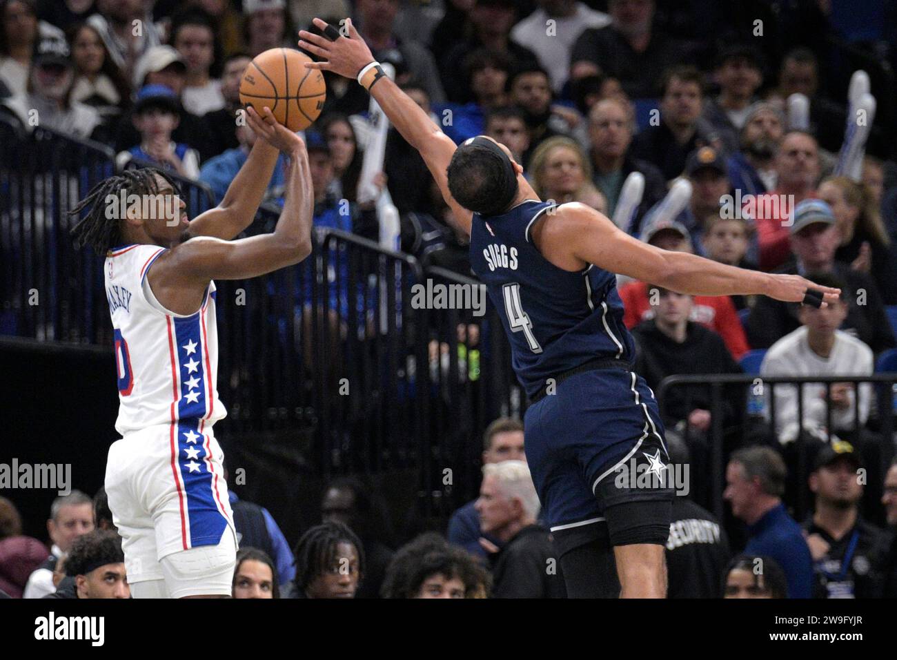 Philadelphia 76ers guard Tyrese Maxey (0) shoots a 3-pointer as Orlando ...