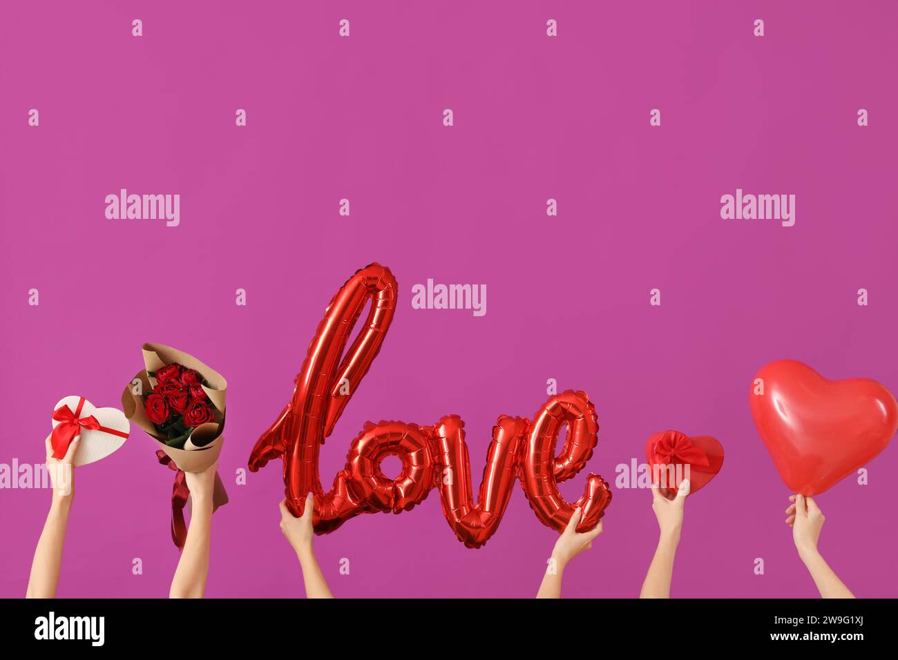 Women with roses, gifts, word LOVE and balloon on purple background ...