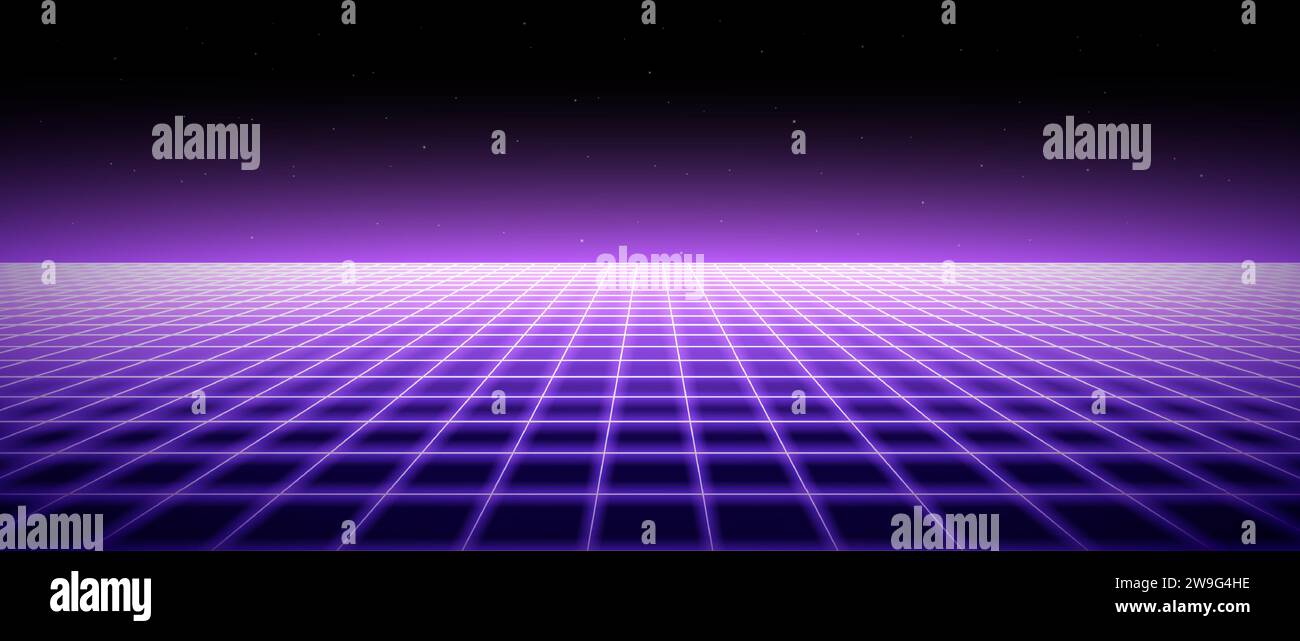 Neon wireframe horizon background. Light purple grid room floor in ...