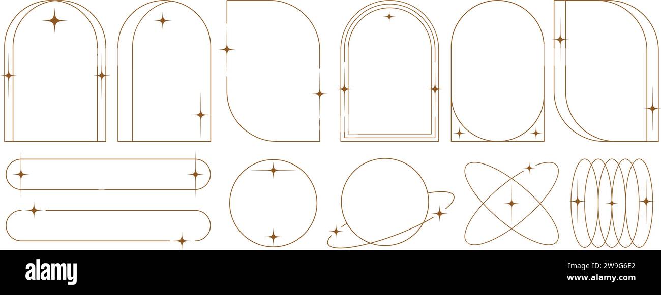 Aesthetic frames and shapes with stars. Minimal y2k outline graphic design with sparkles ...