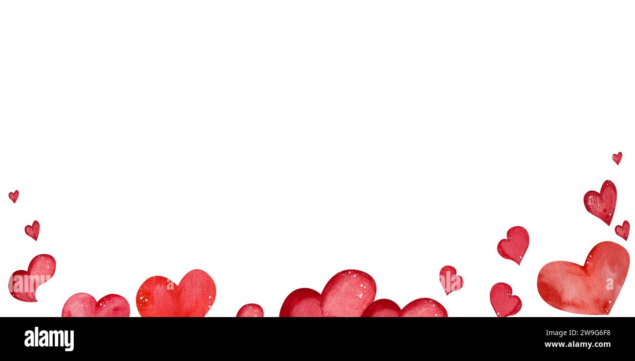 horizontal composition of watercolor bright hearts. isolated on a white ...