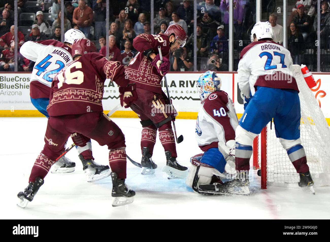 Arizona Coyotes center Jack McBain (22) scores a goal on Colorado ... Arizona Coyotes center Jack McBain (22) scores a goal on Colorado ...