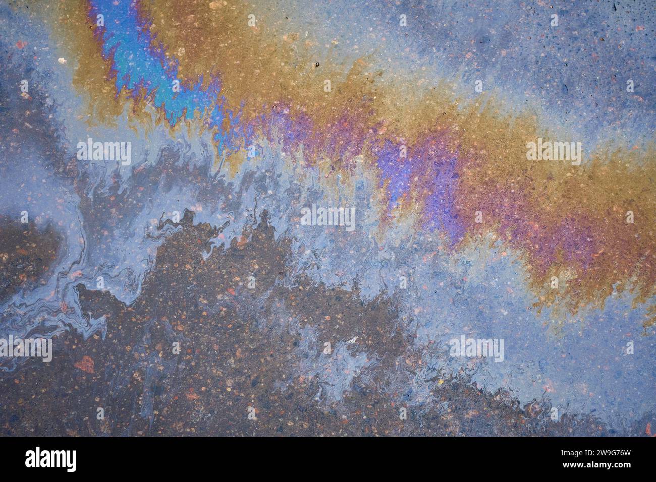 Gasoline spot on wet asphalt. Multi colored oil spill on asphalt road ...