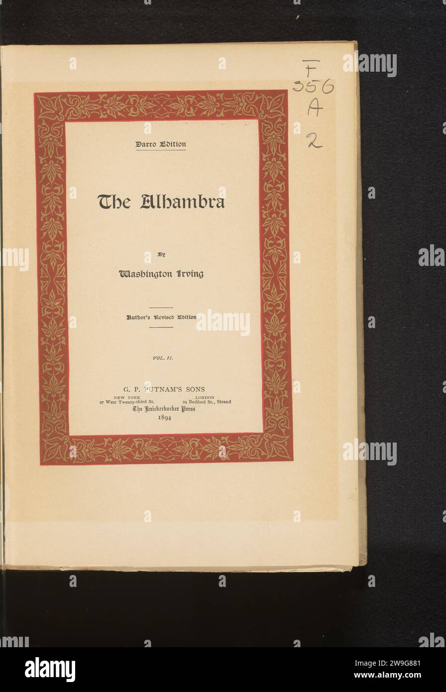The Alhambra, Washington Irving, 1894 book New York (city) paper Stock ...