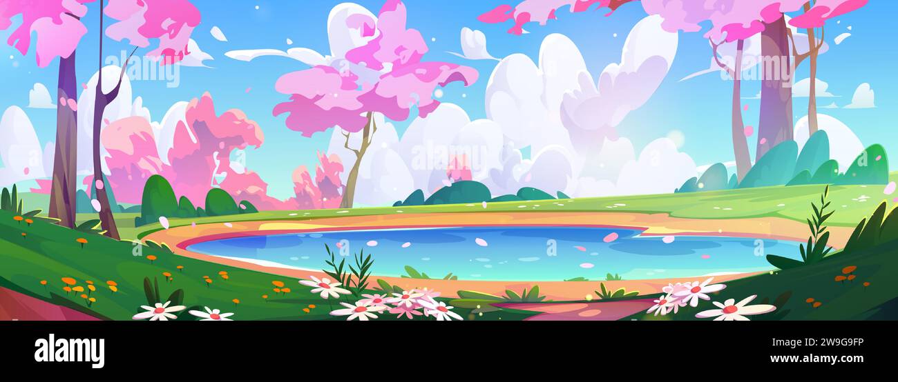 Cartoon spring landscape with pink flowering trees around lake on sunny ...
